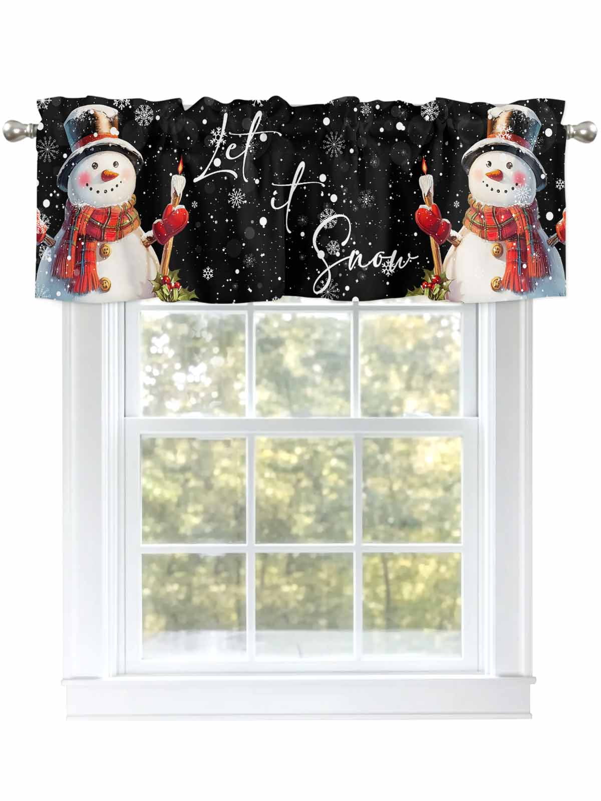 Christmas Valances for Windows Xmas Snowman Lights Snowflakes Red Black ...