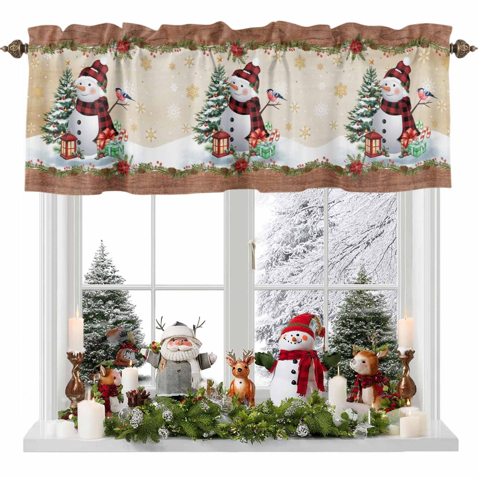 Christmas Valances for Windows, Xmas Snowman Pine Tree Snowflakes Wood ...