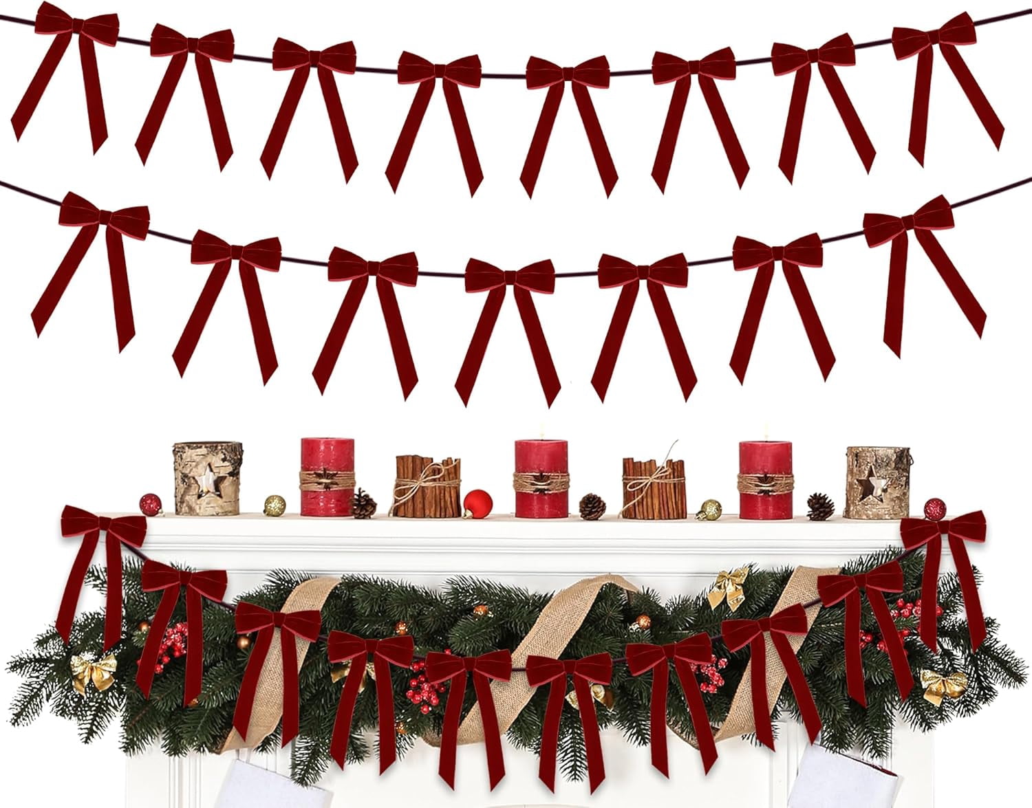 Christmas Velvet Bows Garland, 10ft Pre-Strung Christmas Garland Banner ...