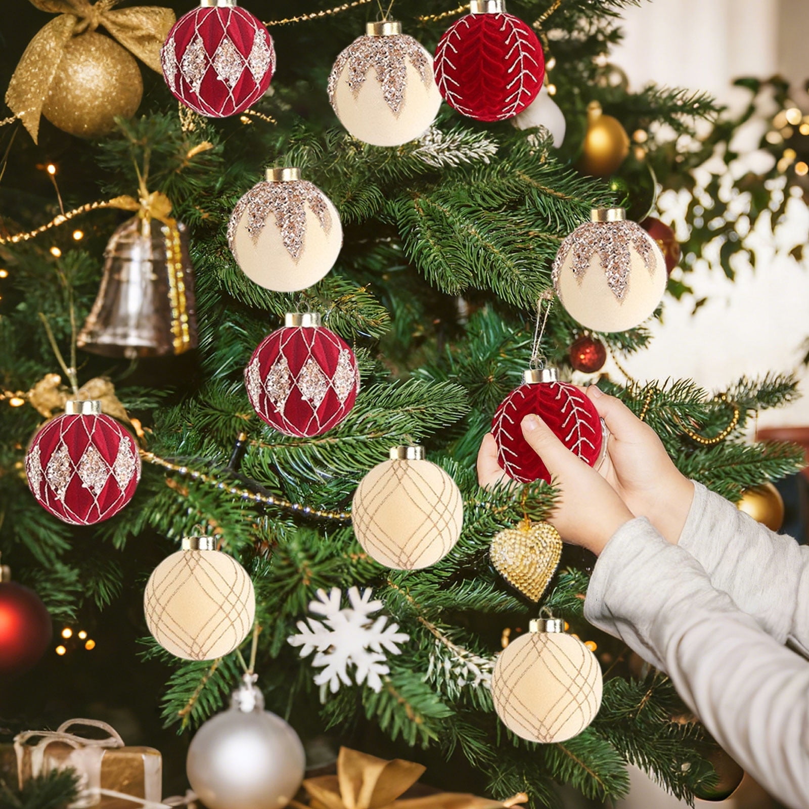 Christmas Velvet Flocking Hanging Ball Ornaments Set 12pcs 8cm | Red ...