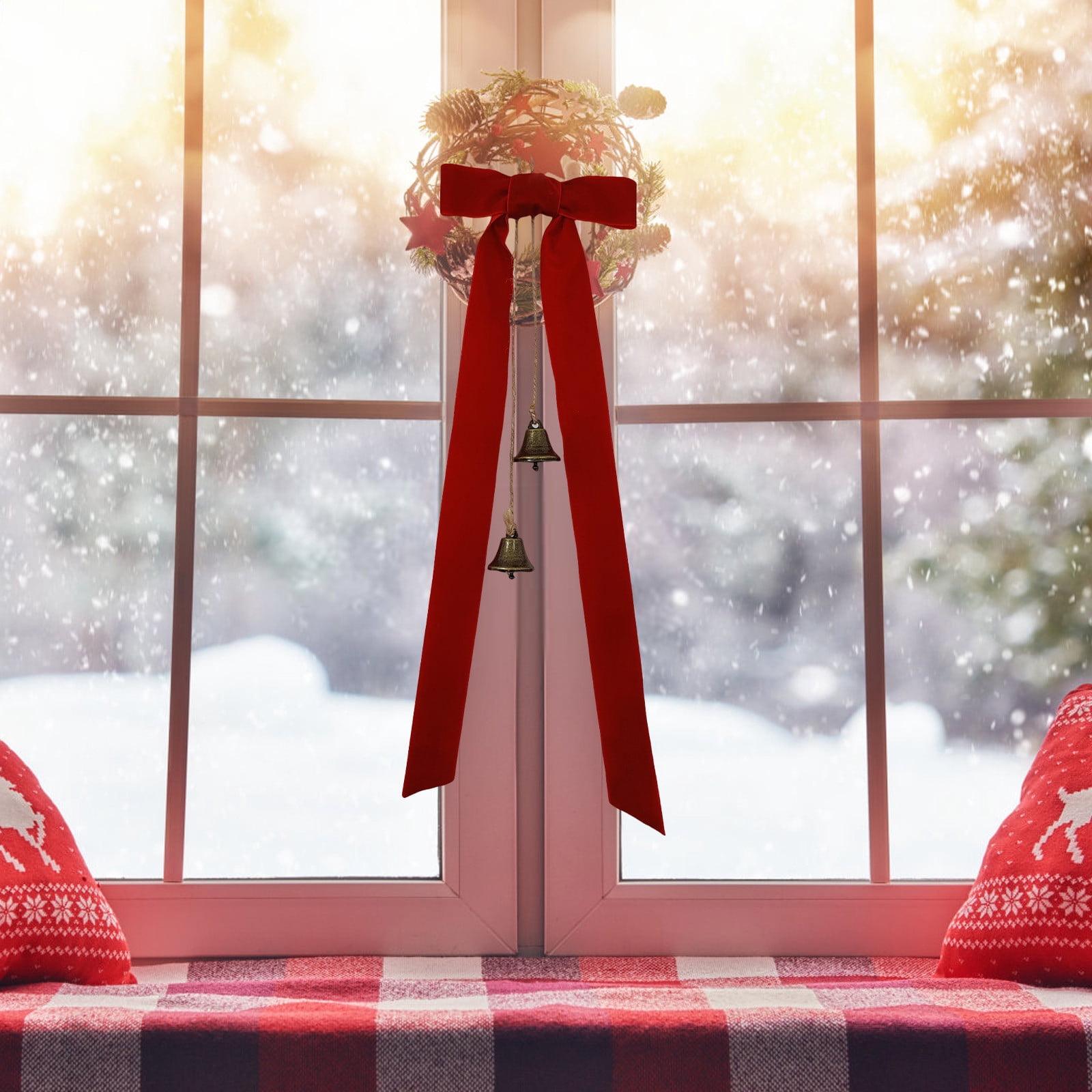 Christmas Velvet Ribbon Bow Decoration DIY, Bells and Flock Bow for ...