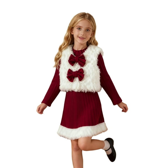 Christmas Velvet Vest & Red Dress Set – Bow Accent Holiday Outfit for ...