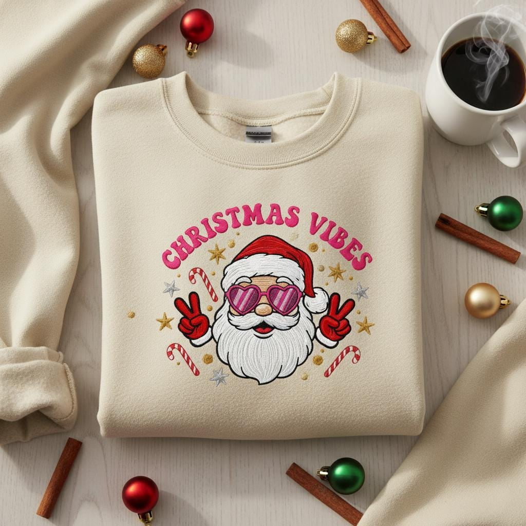 Christmas Vibes Embroidered Sweatshirt, Cool Hippie Santa Shirt, Retro ...