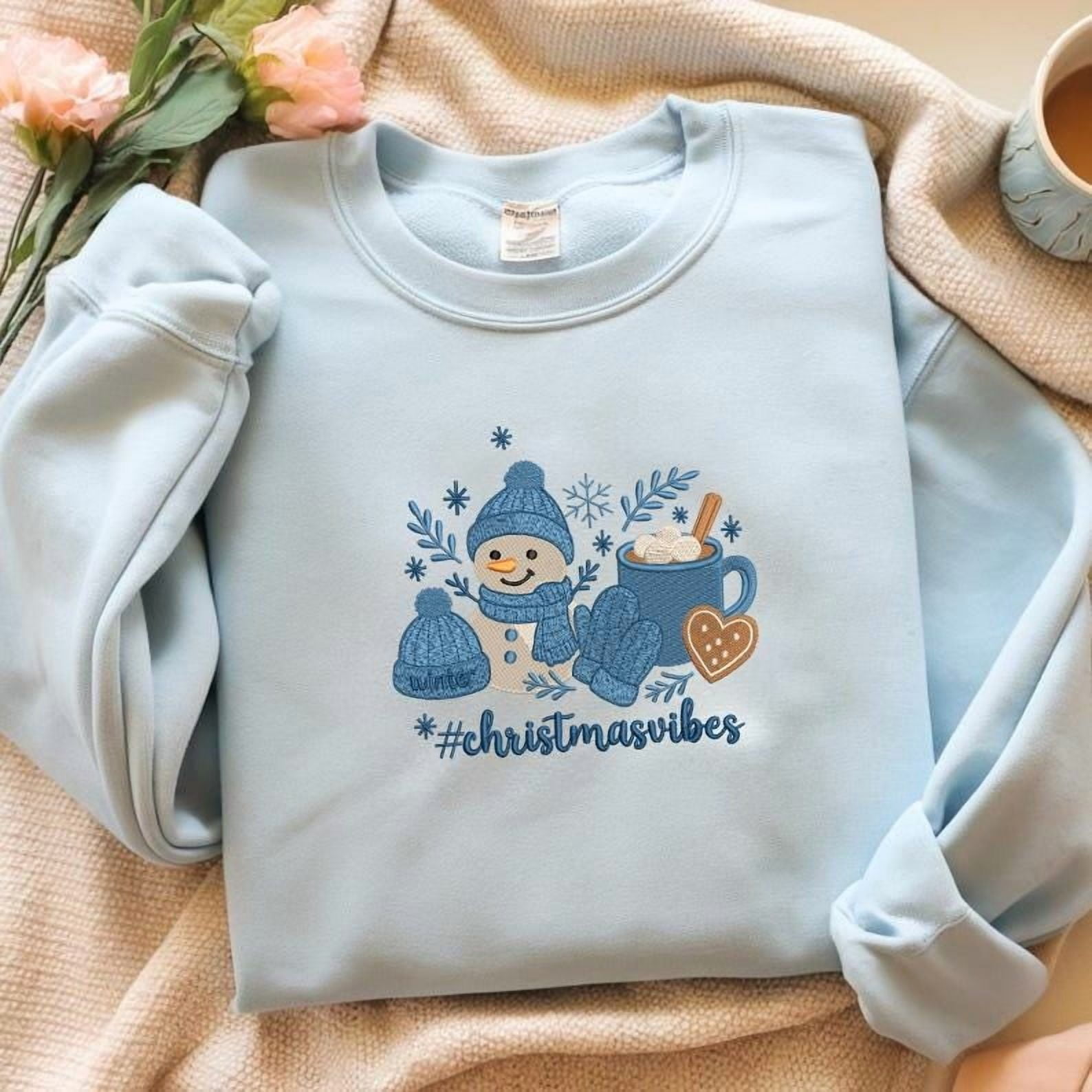 Christmas Vibes Snowman Embroidered Sweatshirt, Cozy Winter Hot Cocoa ...