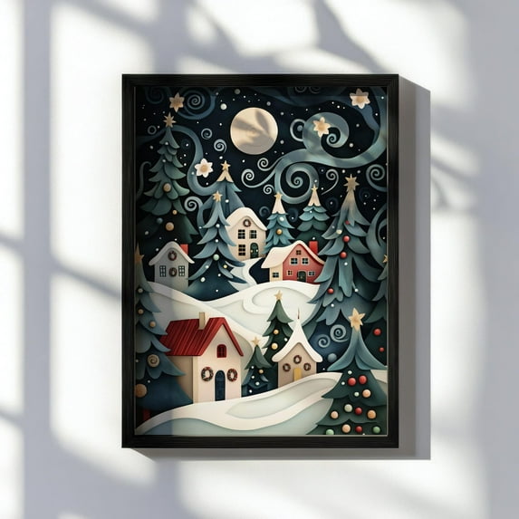 Christmas Village Art Print, Winter Village Art, Winter Decor, Holiday ...