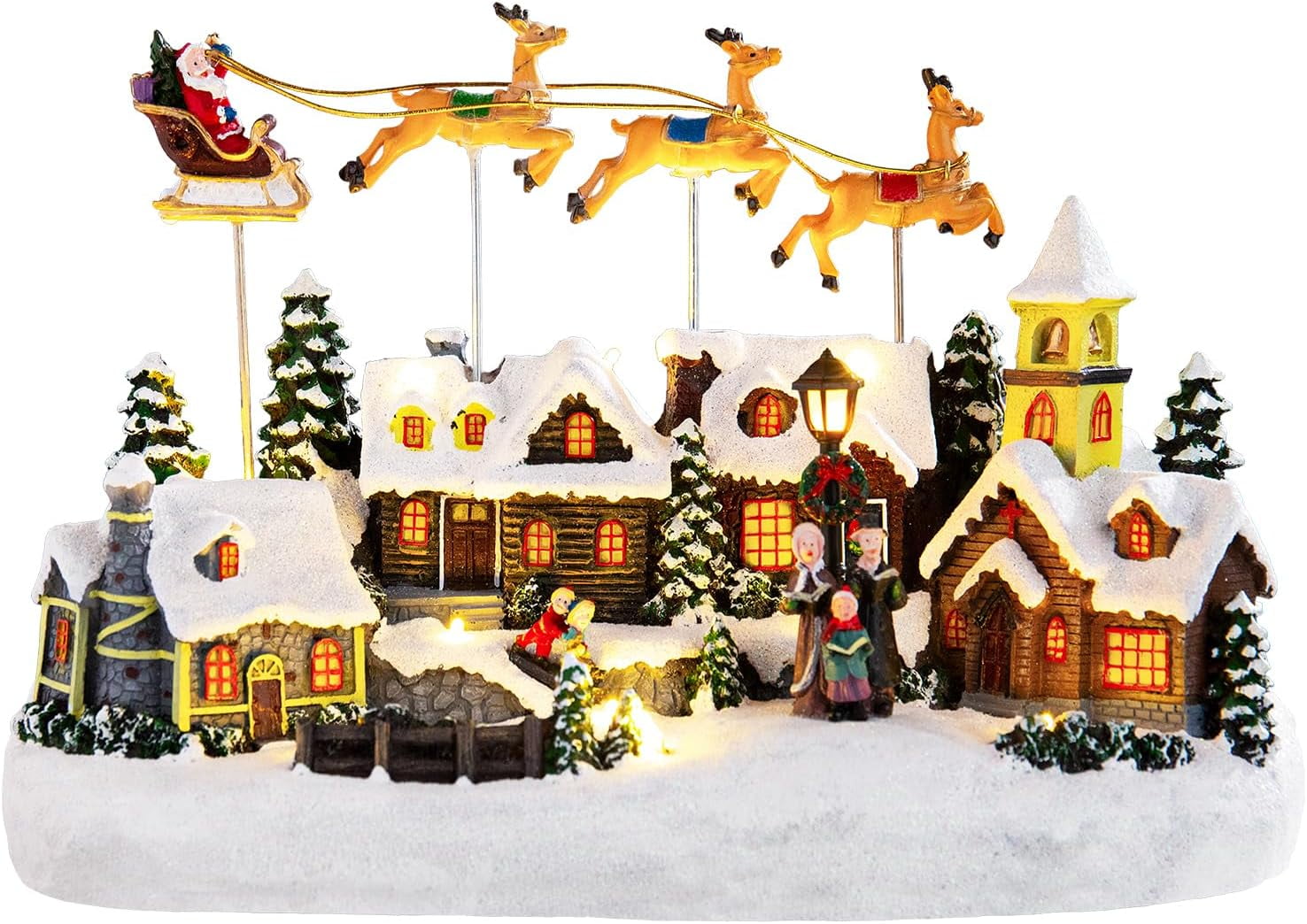 Christmas Village Building, Animated Santa Claus Pulling Reindeer with ...