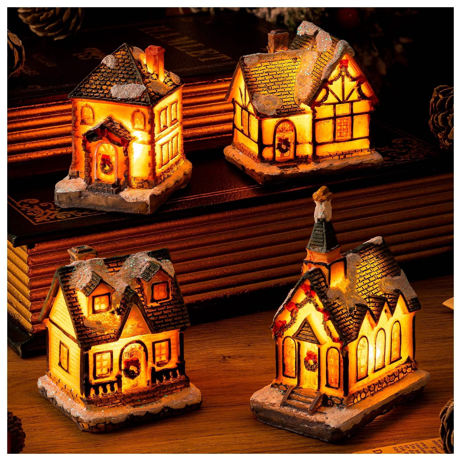 Christmas Village Houses with LED Light 4Pcs Resin Collectible Building ...