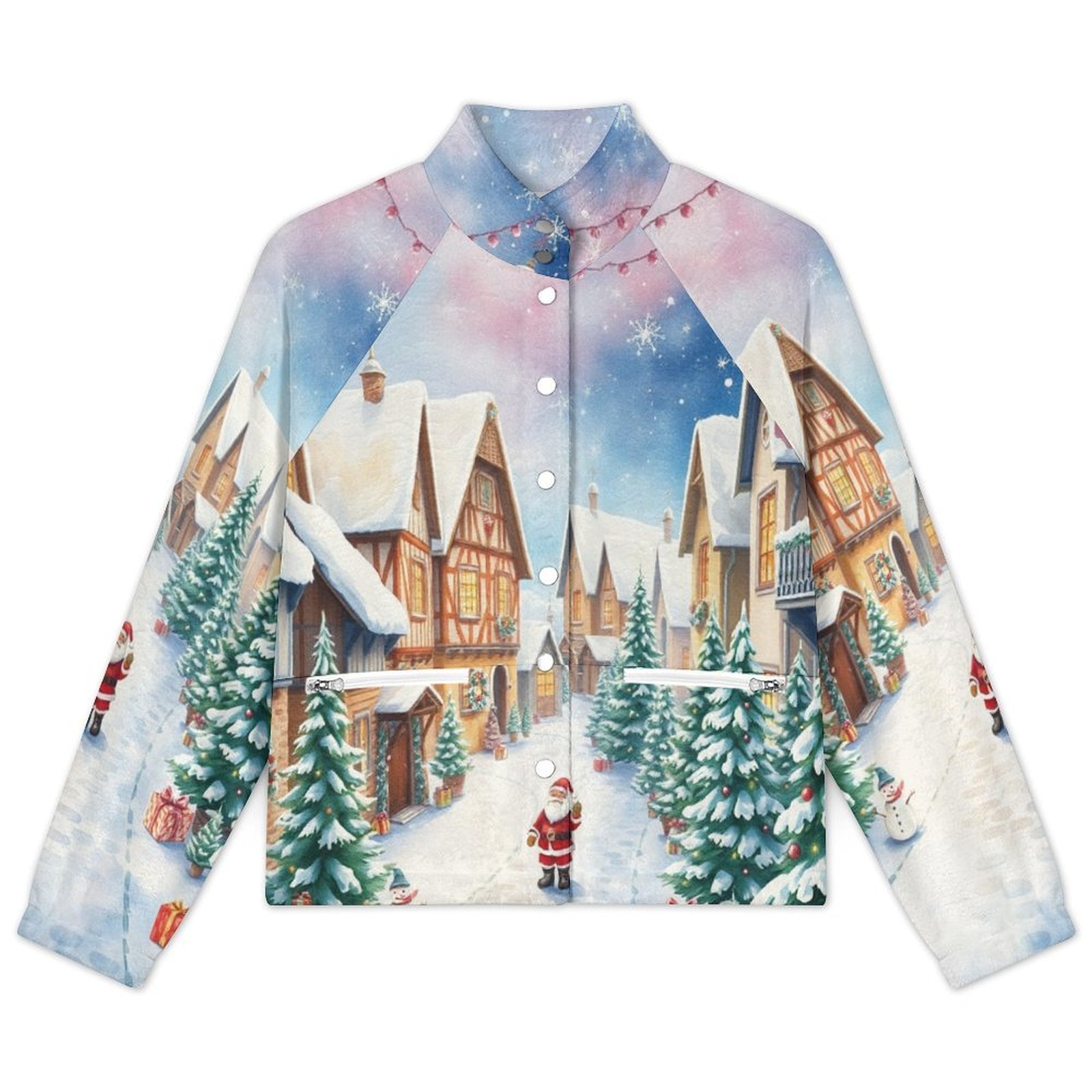 Christmas Village Scene Jacket Women's Stand Collar Warm Outwear Autumn ...