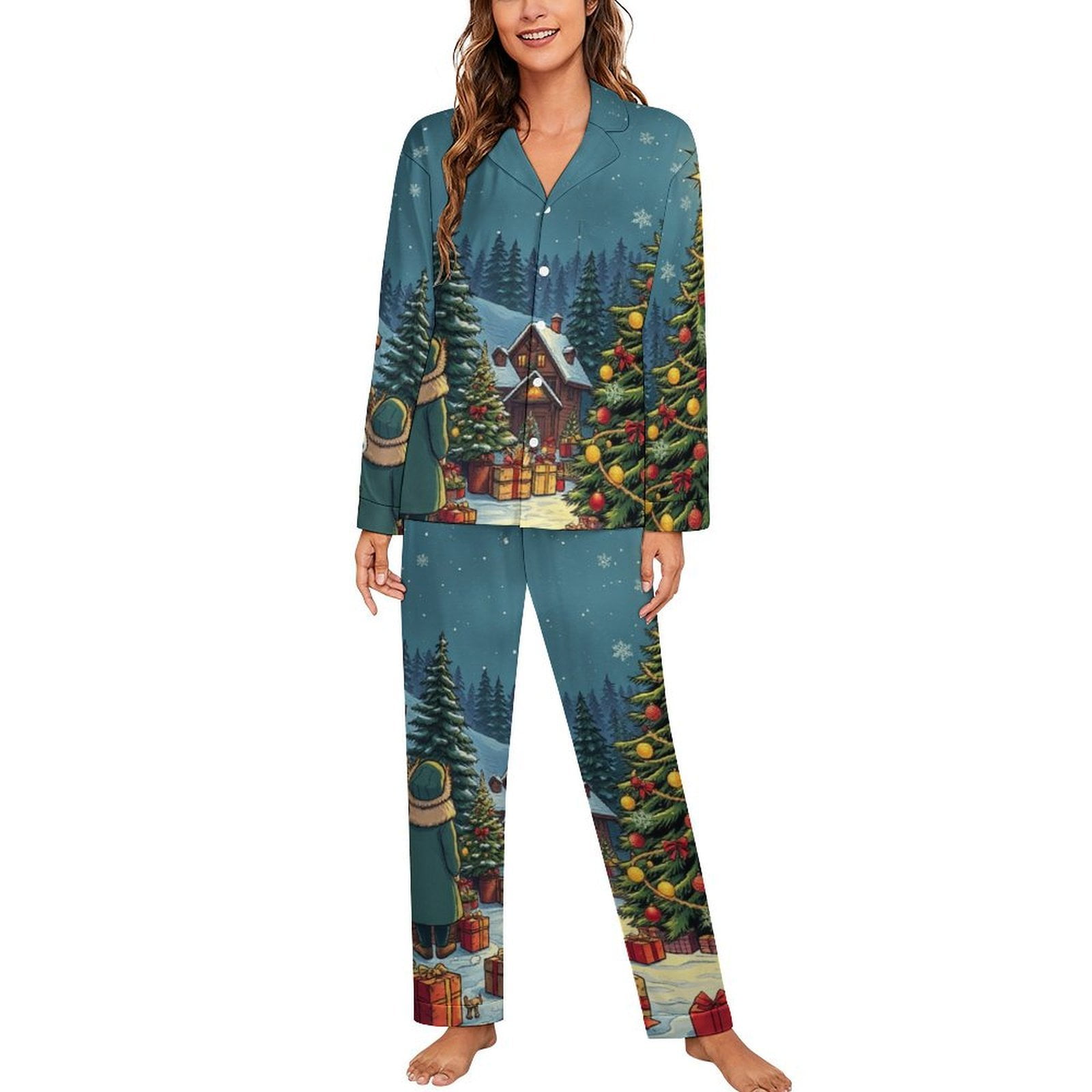 Christmas Village Scene Pajamas Woman Home Suit Autumn Long Sleeve 2 ...