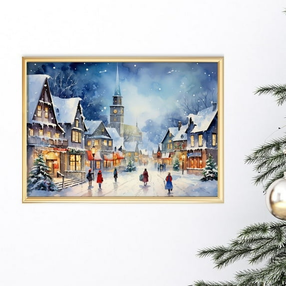 Christmas Village Scene Wall Art Blue Christmas Winter Christmas Decor ...