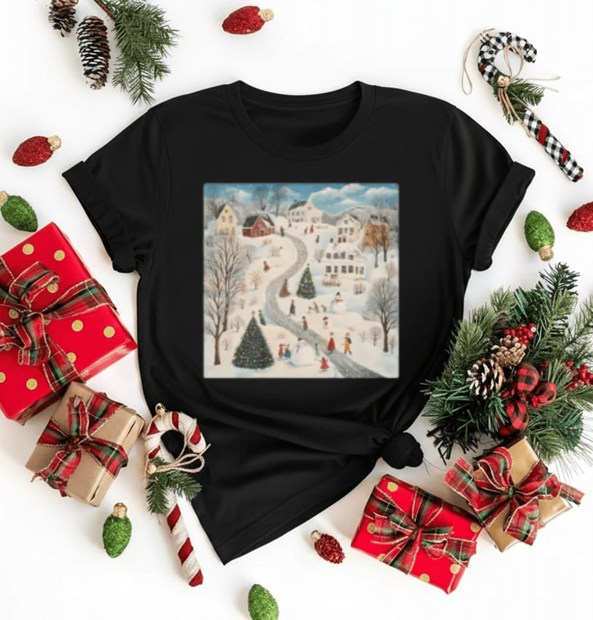 Christmas Village Scene Winter Theme Festive Holiday Art Unisex T-Shirt ...