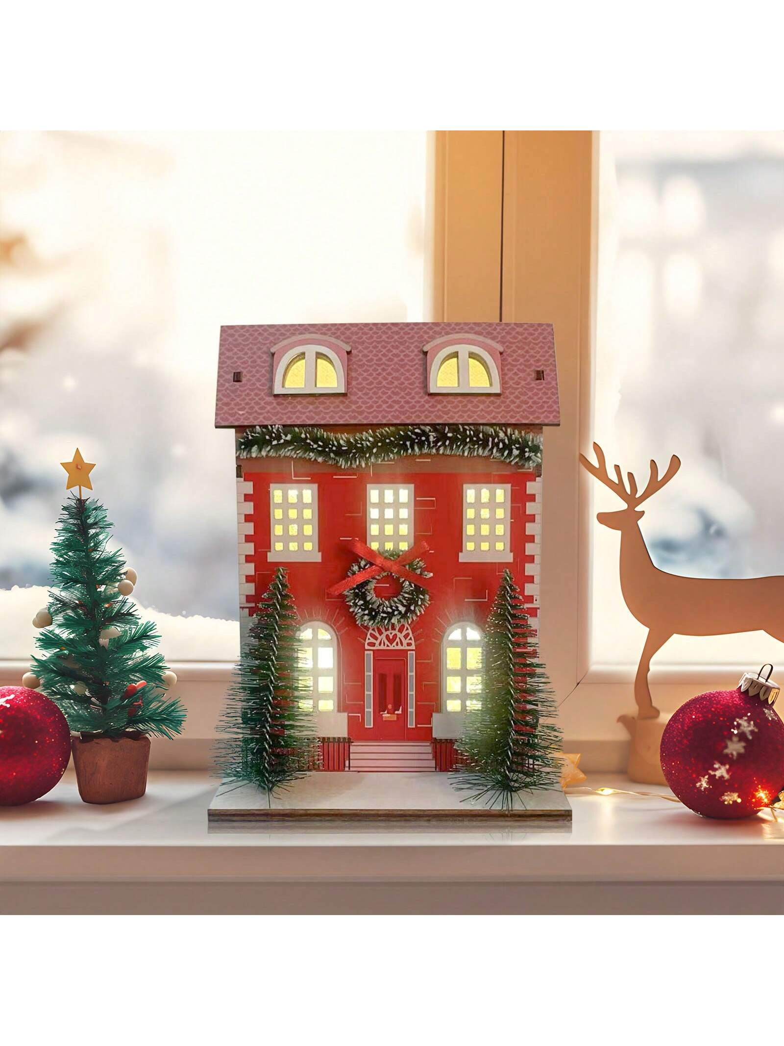 Christmas Village Set - Wooden Snow House with LED Lights & Christmas ...