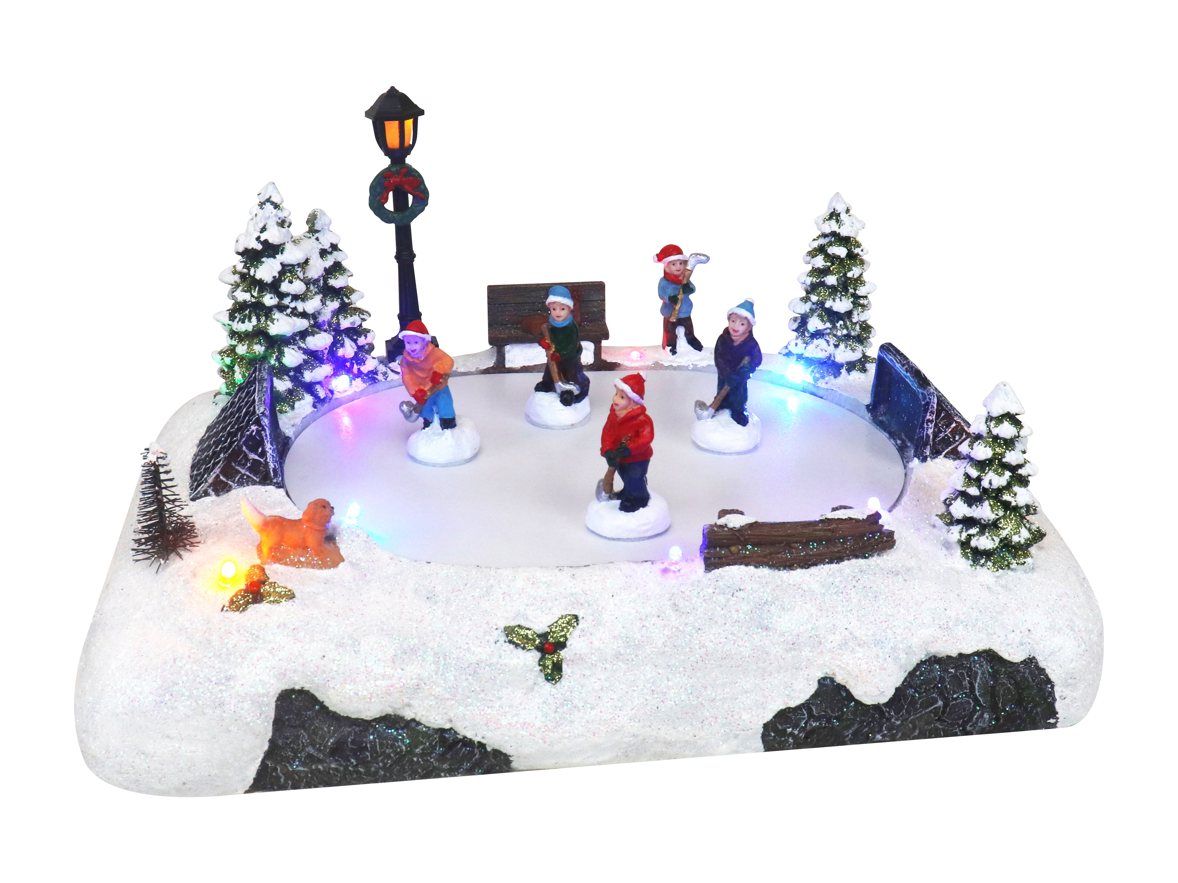Christmas Village Tabletop Hockey Skating Rink Pre-lit Winter Snow ...