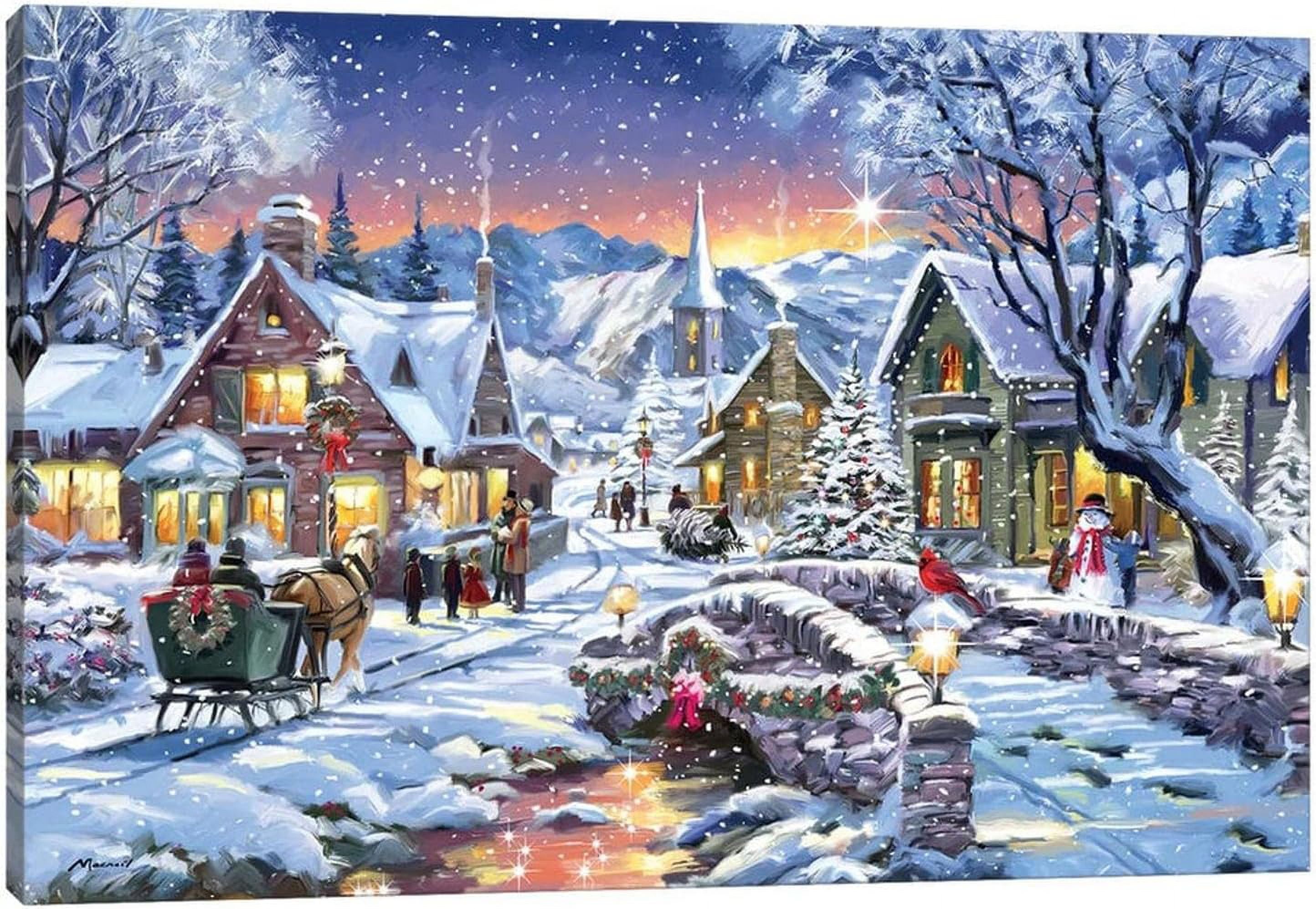 BOOWEATS Christmas Canvas Painting, Winter Snow Scene, Santa Sleigh ...