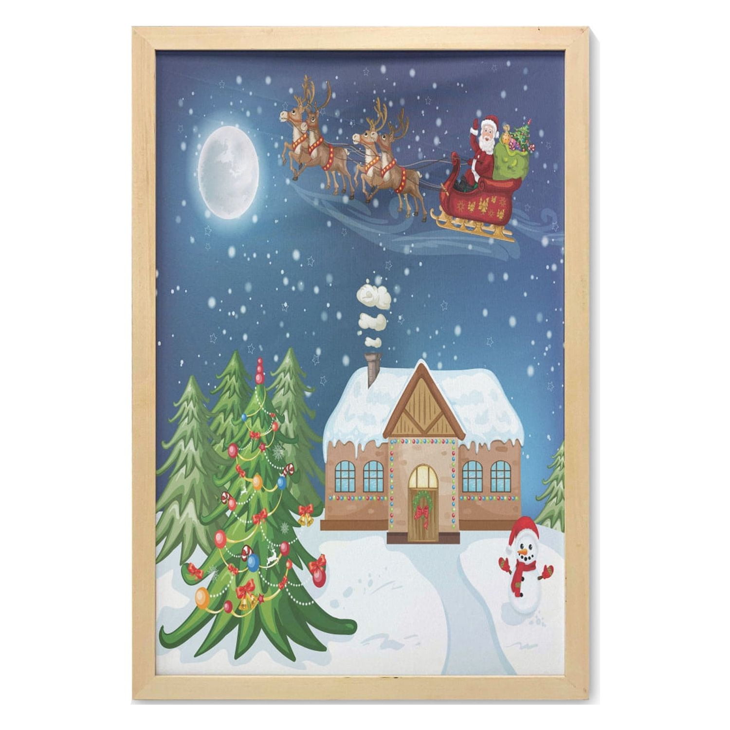 Christmas Wall Art with Frame, Classical Xmas Scenery Santa Delivering ...