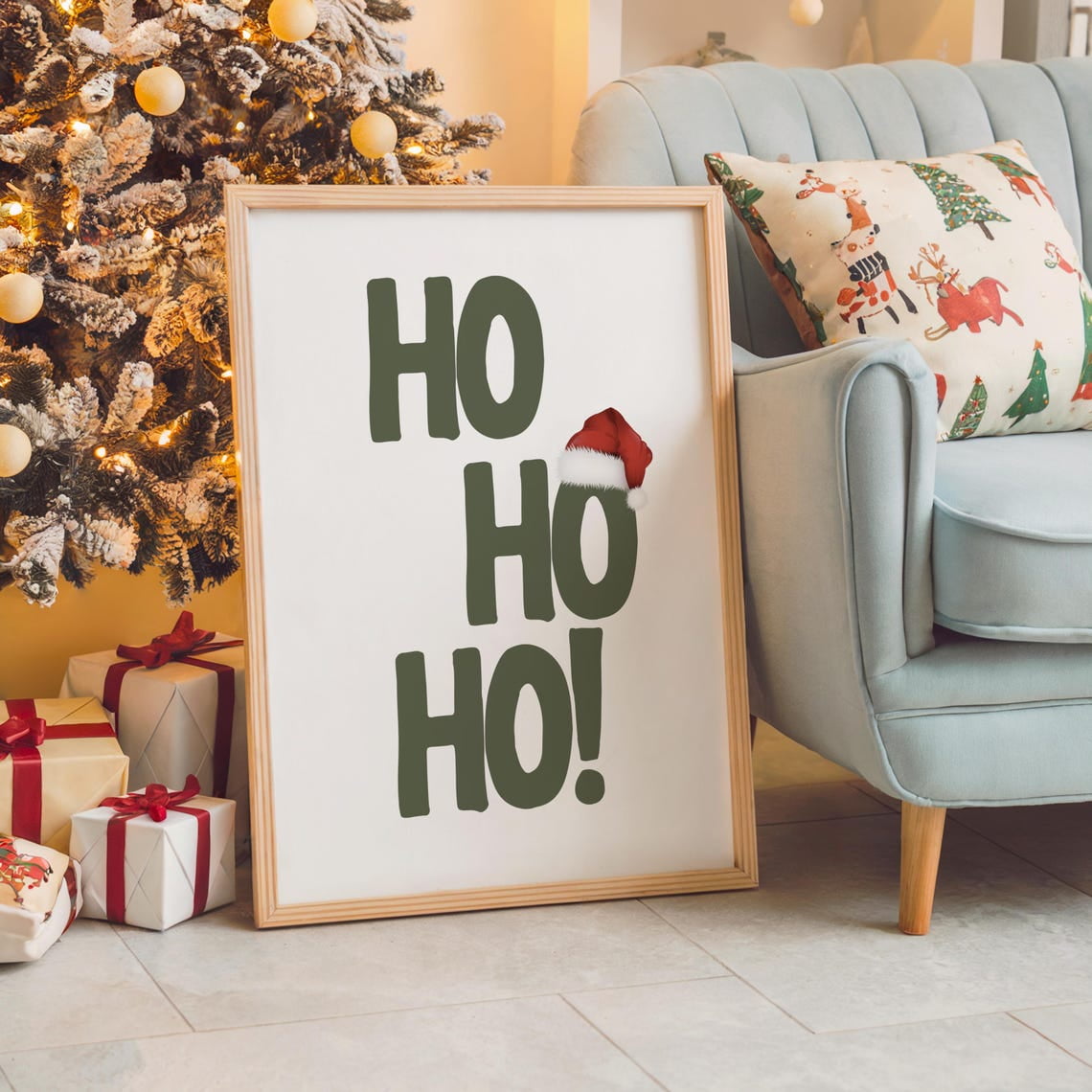 Christmas Wall Art Ho Ho Ho With Santa Hat, Minimalist Holiday ...