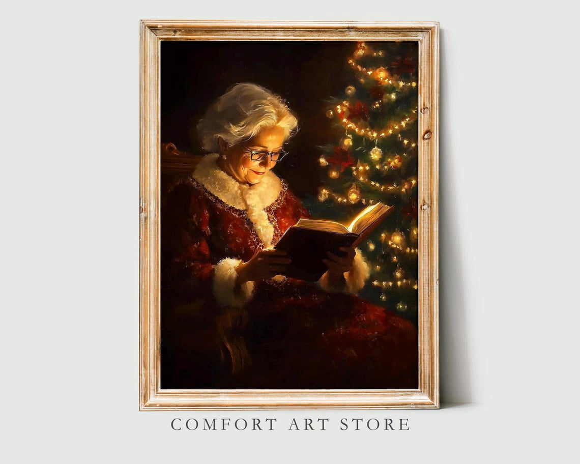 Christmas Wall Art, Mrs Claus Reading Book Vintage Dark Academia ...