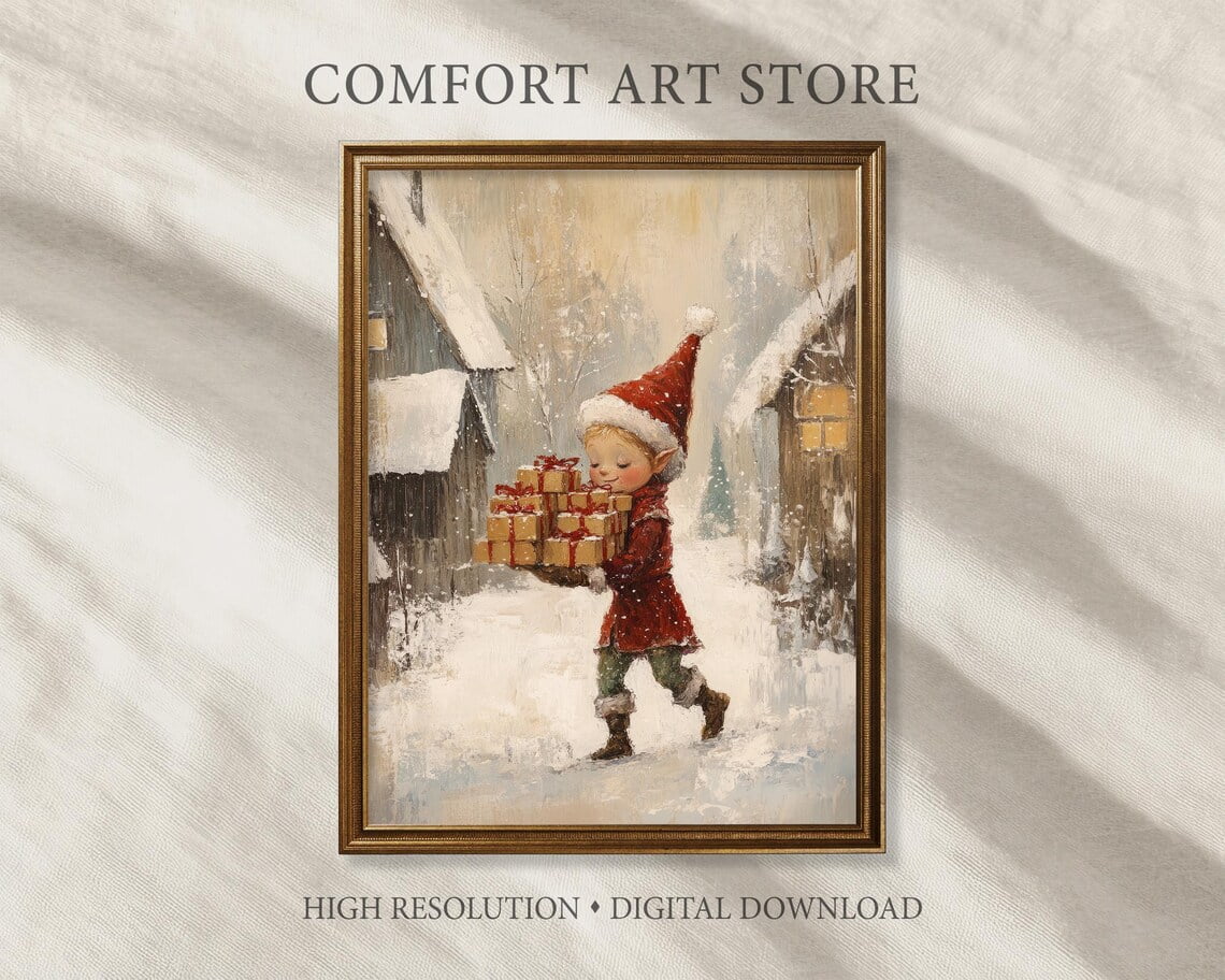 Christmas Wall Art Print Vintage Christmas Elf Print Antique Elf ...