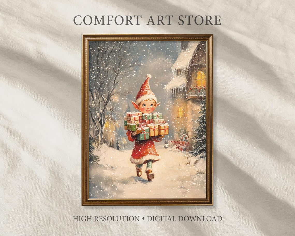 Christmas Wall Art Print Vintage Christmas Elf Print Antique Elf Painting Elf With Gifts Holiday ...