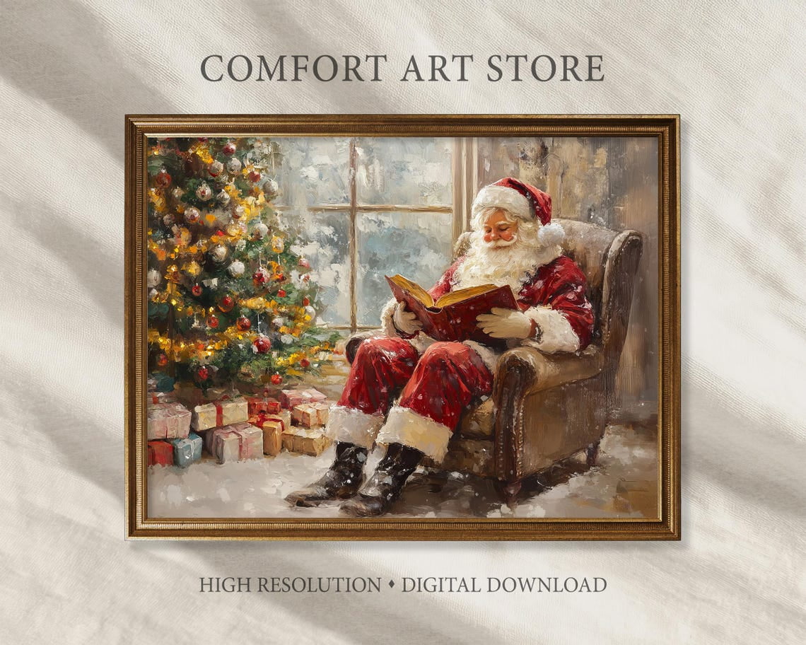 Christmas Wall Art Print Vintage Santa Claus Print Santa Santa Reading ...