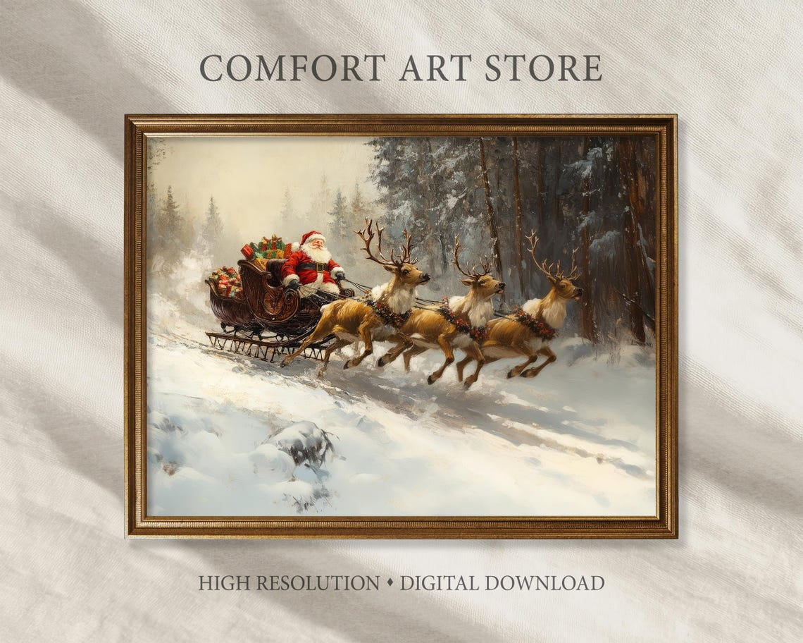 Christmas Wall Art Print Vintage Santa Claus Sleigh Pulled by Reindeer ...