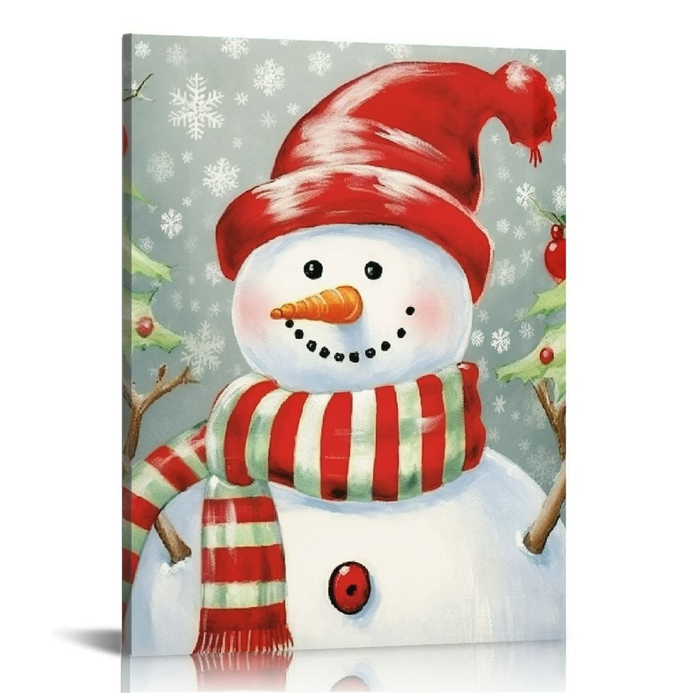 Christmas Wall Decor Snowman Picture with Santa Claus Hat Red and White ...