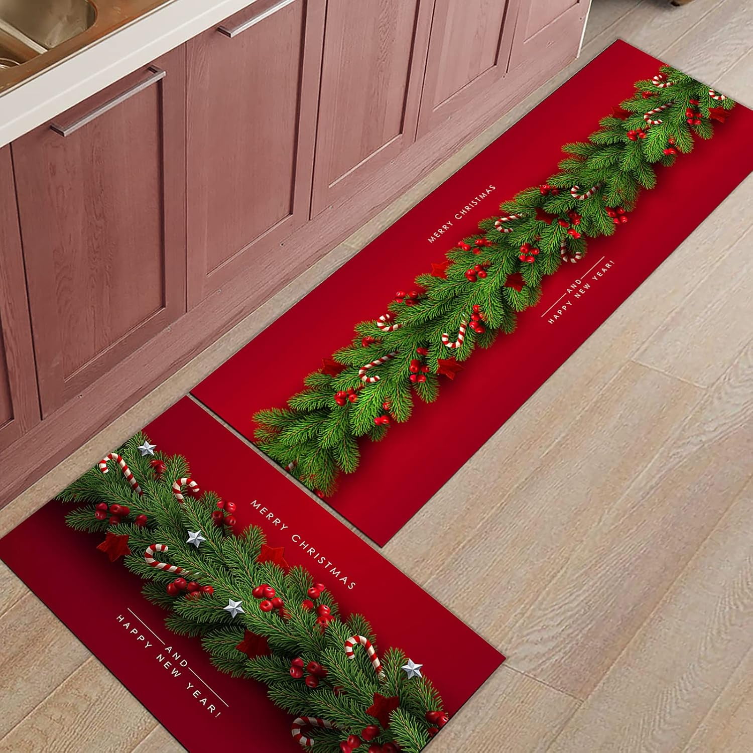 Christmas Washable Kitchen Rugs Cushioned Floor Mat, Xmas Trees Red ...