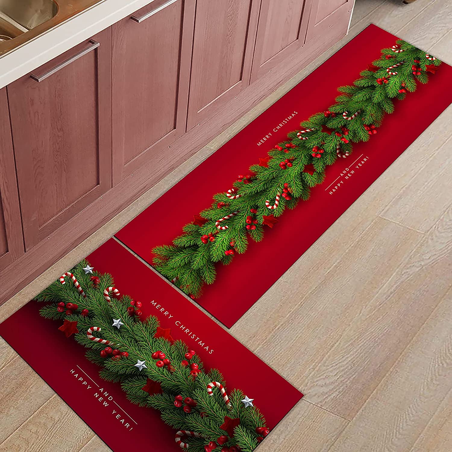 Christmas Washable Kitchen Rugs Cushioned Floor Mat, Xmas Trees Red ...