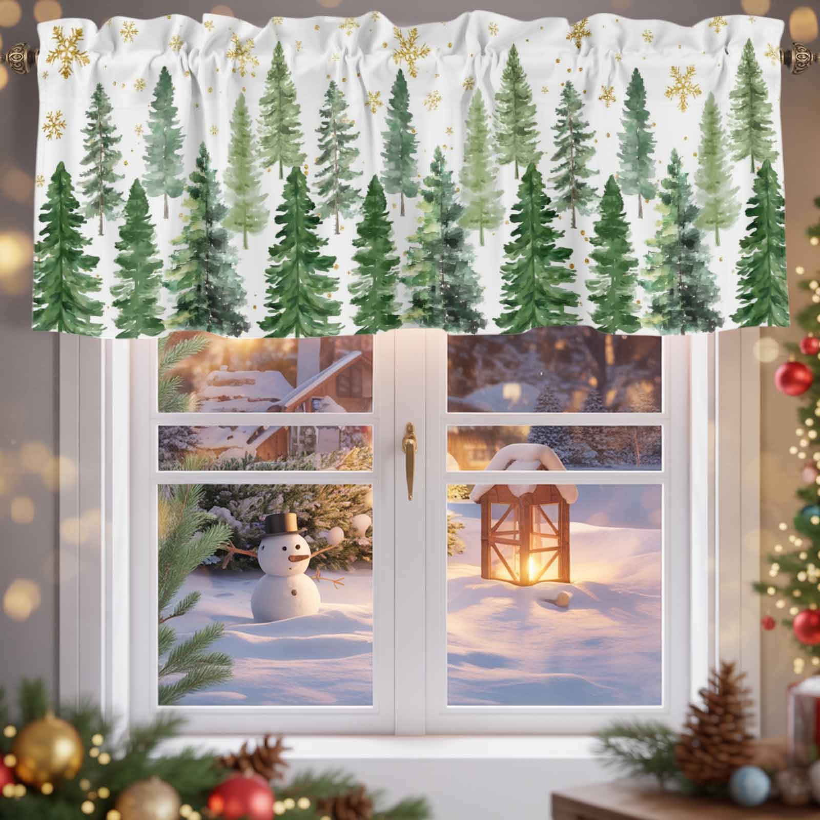 Christmas Watercolor Green Pine Tree Valances for Windows,Kitchen ...
