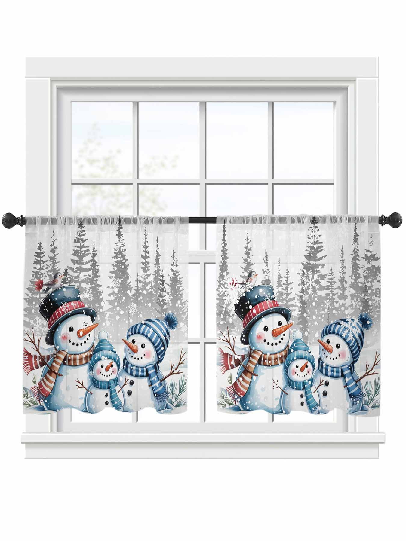 Christmas Watercolor Hat Snowman Pine Tree Grey Snow Scene Sheer ...