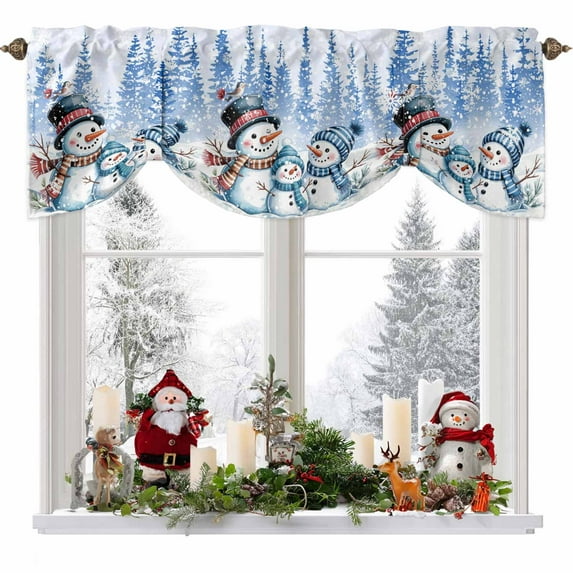 Christmas Watercolor Tie Up Valances Curtain, Hat Snowman Pine Tree ...