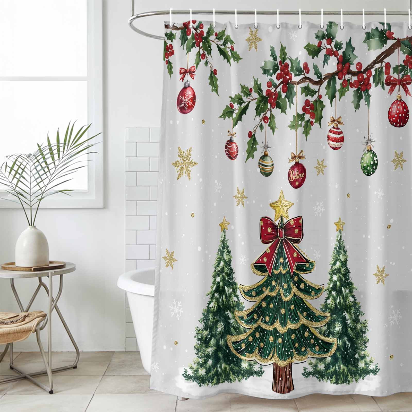 Christmas Waterproof Fabric Shower Curtain,Winter Green Pine Trees ...