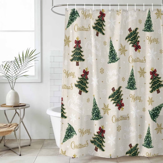 Christmas Waterproof Fabric Shower Curtain,Winter Pine Tree Gold White ...