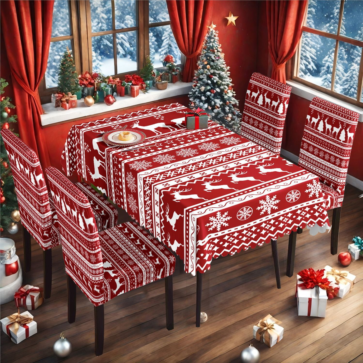 Christmas Waterproof Tablecloth and Dustproof Chair Cover Set, Holiday ...