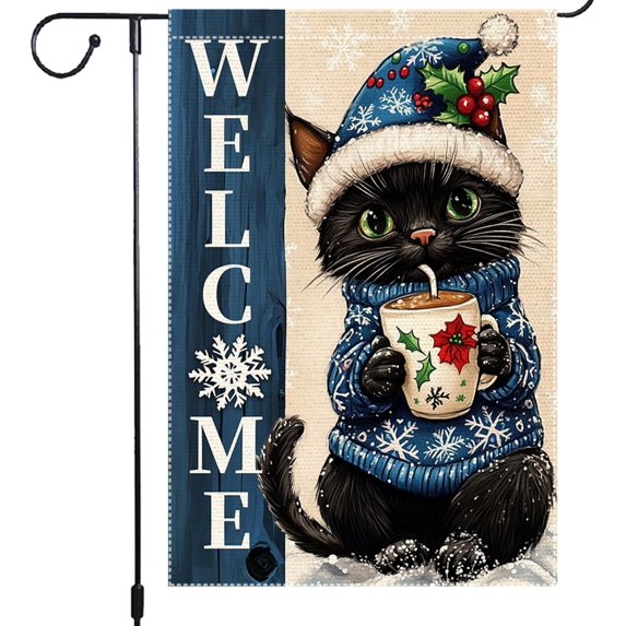 Christmas Welcome Cat Garden Flag 12x18 Inch Double-Sided Burlap ...