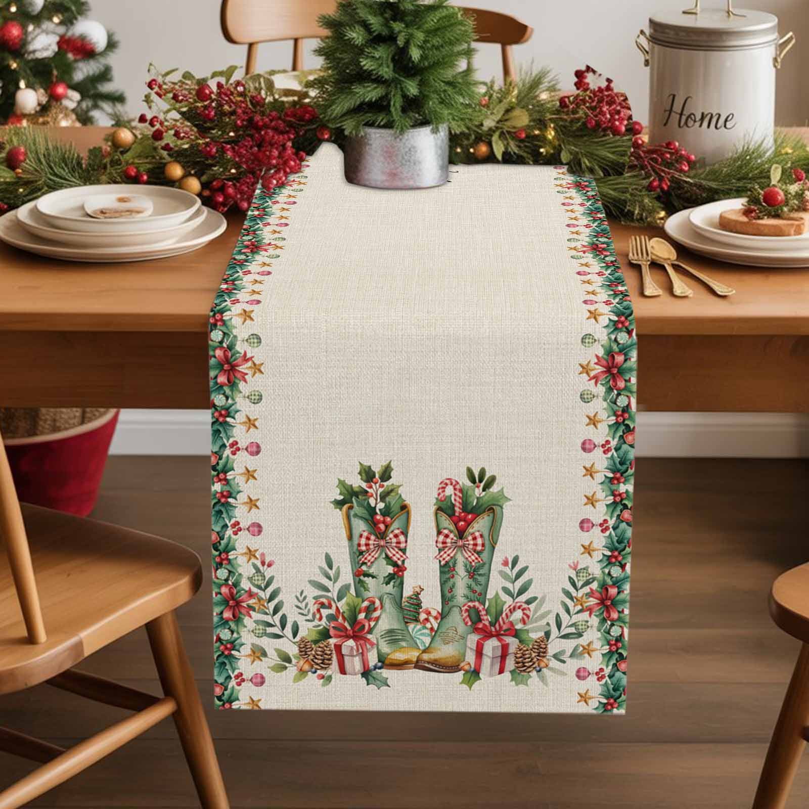 Christmas Western Farm Boots Table Runner 13x48in Non-Slip Cotton Linen ...