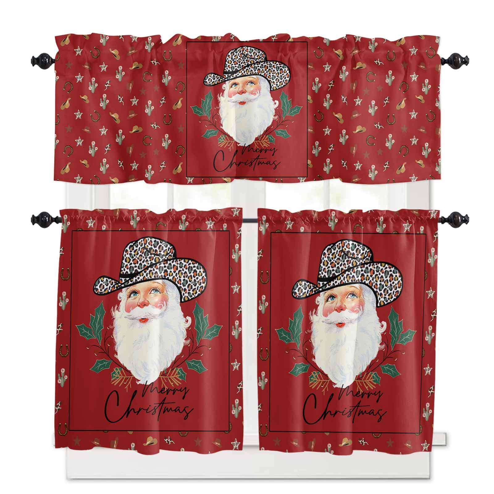 Christmas Western Kitchen Curtains and Valances Set, Santa Leopard Hat ...