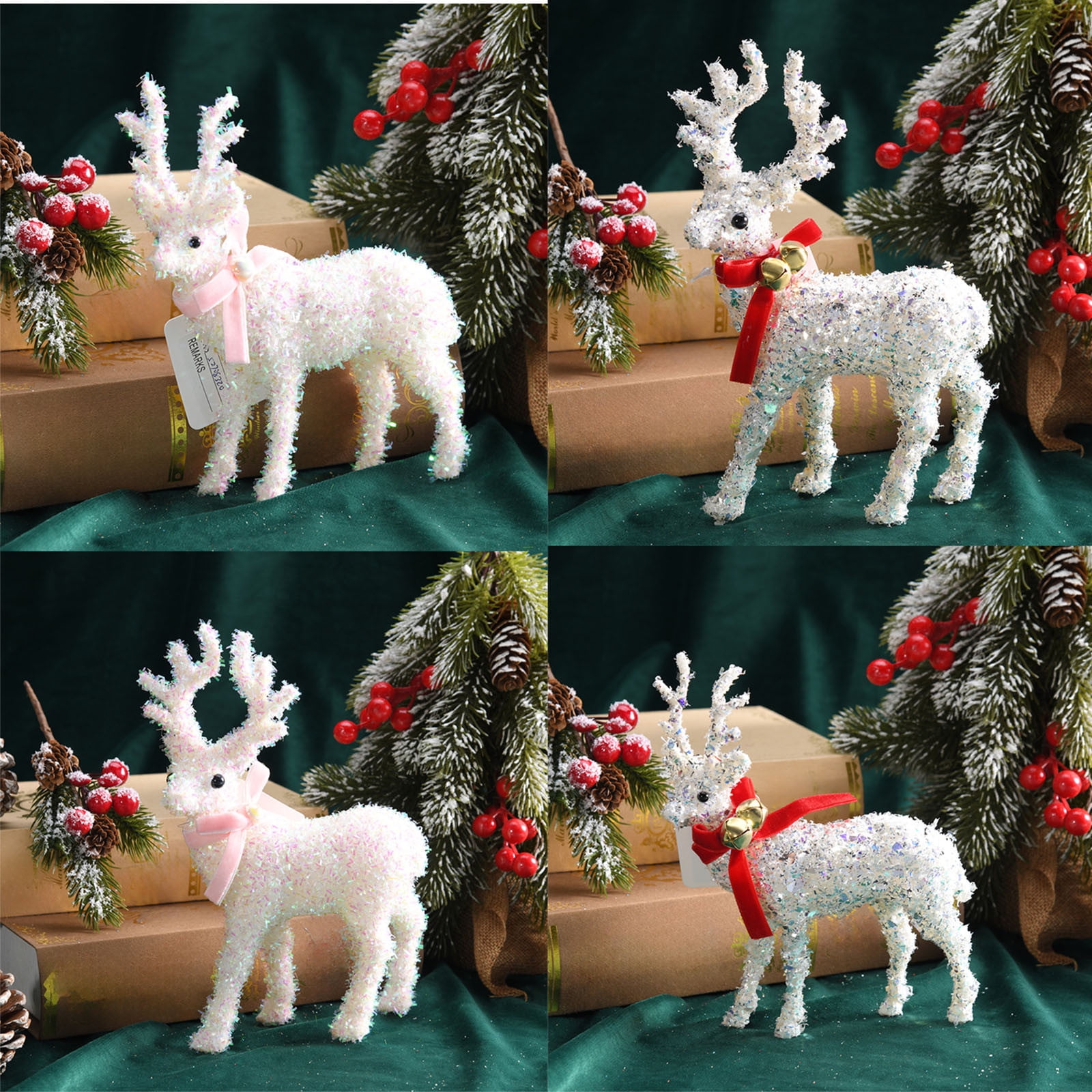 Christmas White Elk Ornaments, Red and Pink Bow Scarf Decorations ...