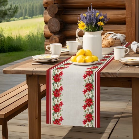 Christmas White Red Flowers Table Runner 13x72in Non-Slip Cotton Linen ...