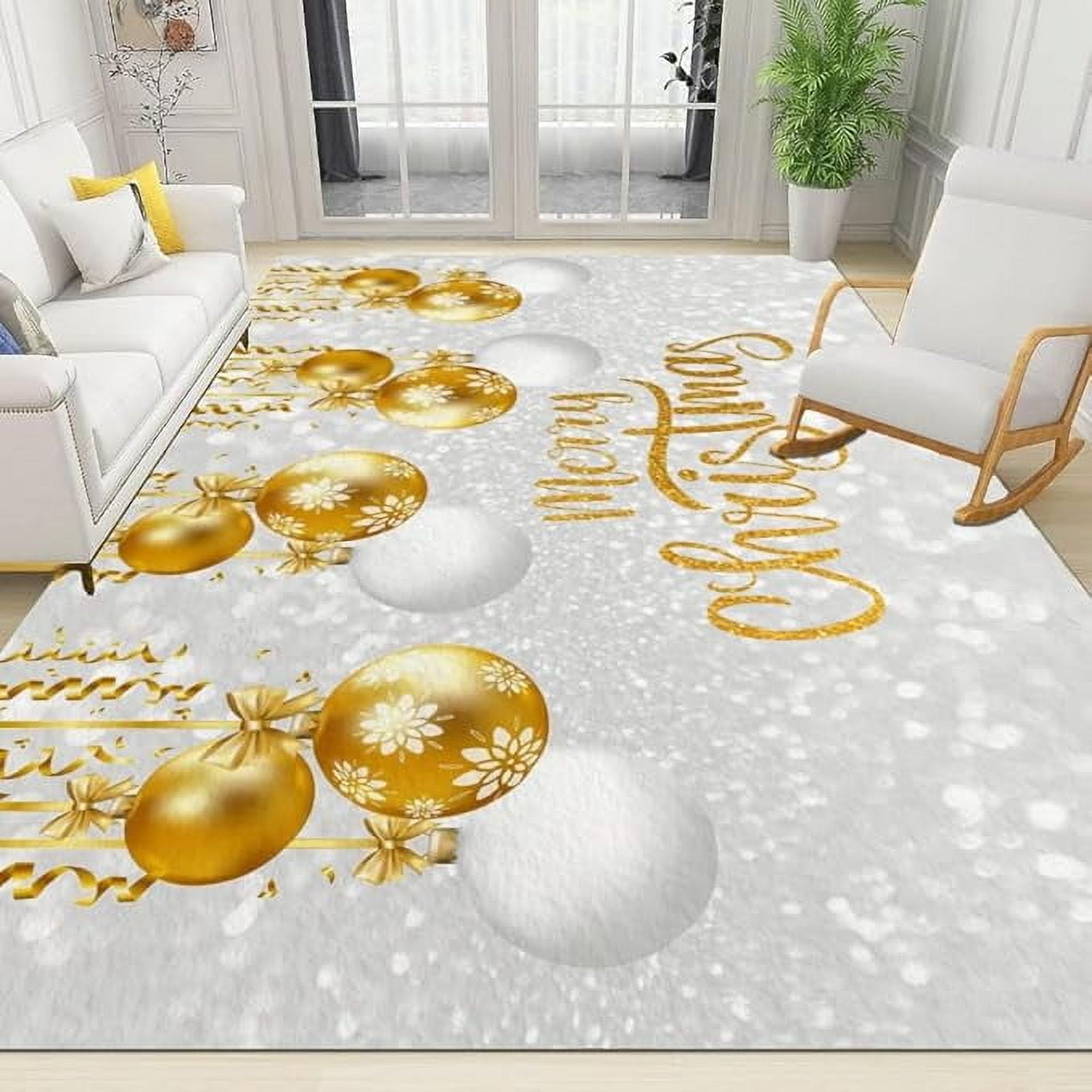 Christmas White Snowflakes Area Rug, Golden Ball Indoor Non-Slip Kids ...