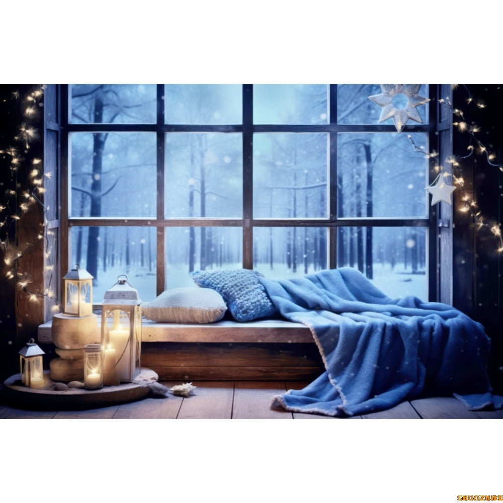 Christmas Window Backdrop Winter Blue Curtain Night Xmas Tree Gift ...