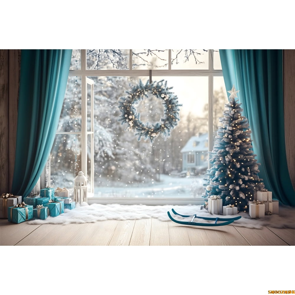 Christmas Window Backdrop Winter Blue Curtain Night Xmas Tree Gift ...
