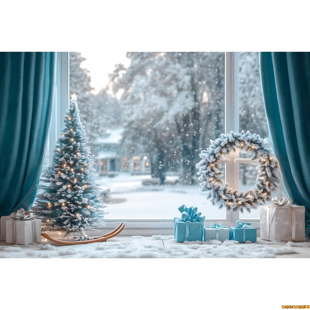 Christmas Window Backdrop Winter Blue Curtain Night Xmas Tree Gift ...