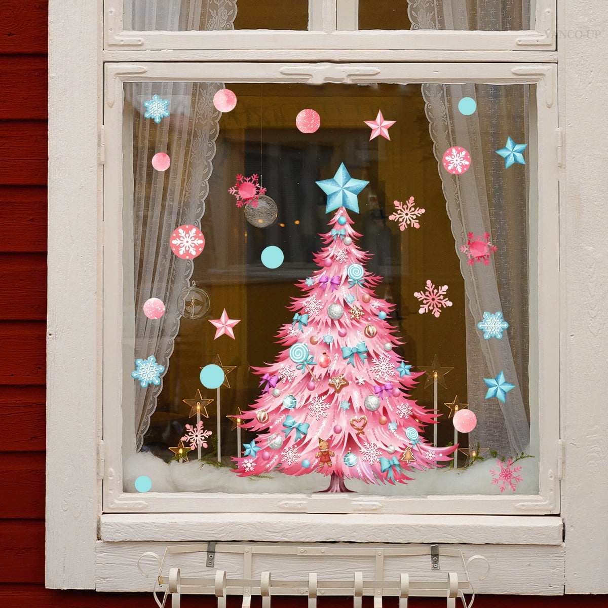Christmas Window Cling Sticker, Pink Green Christmas Tree Santa Claus ...