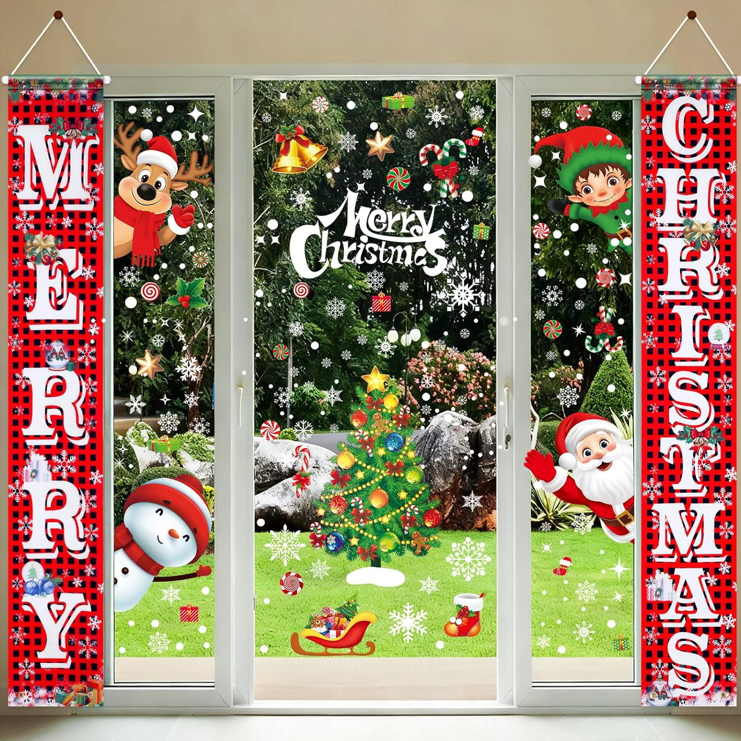 Christmas Window Clings, 251 Pc Set with 2 Hanging Banners, Holiday ...