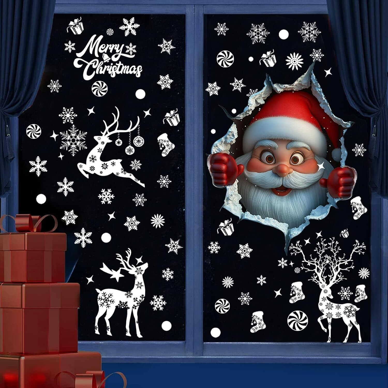 Christmas Window Clings Double Sided 3D Santa Claus Window Stickers ...