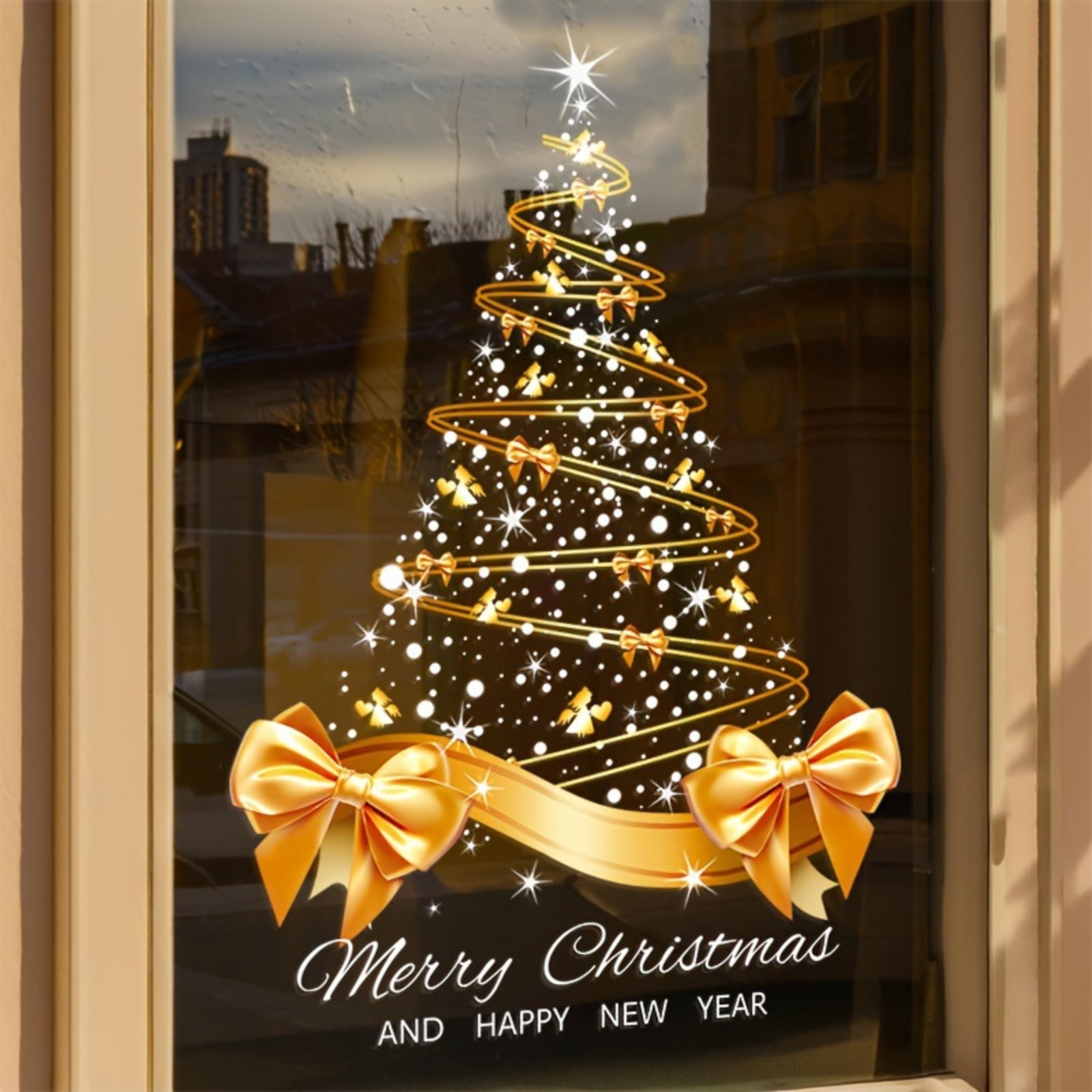 Christmas Window Clings for Glass Windows, Golden Merry Christmas Tree ...