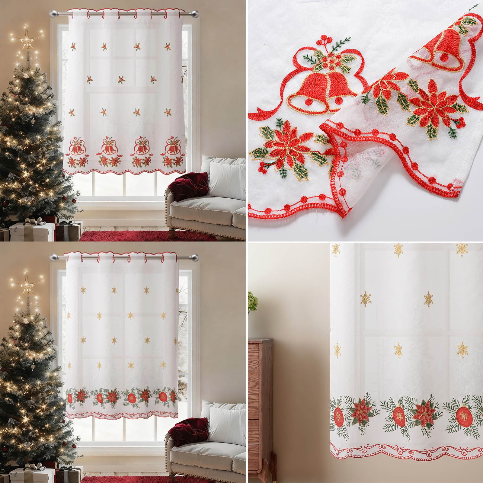 Christmas Window Curtain Drapery - Multicolor Polyester Festive Holiday ...