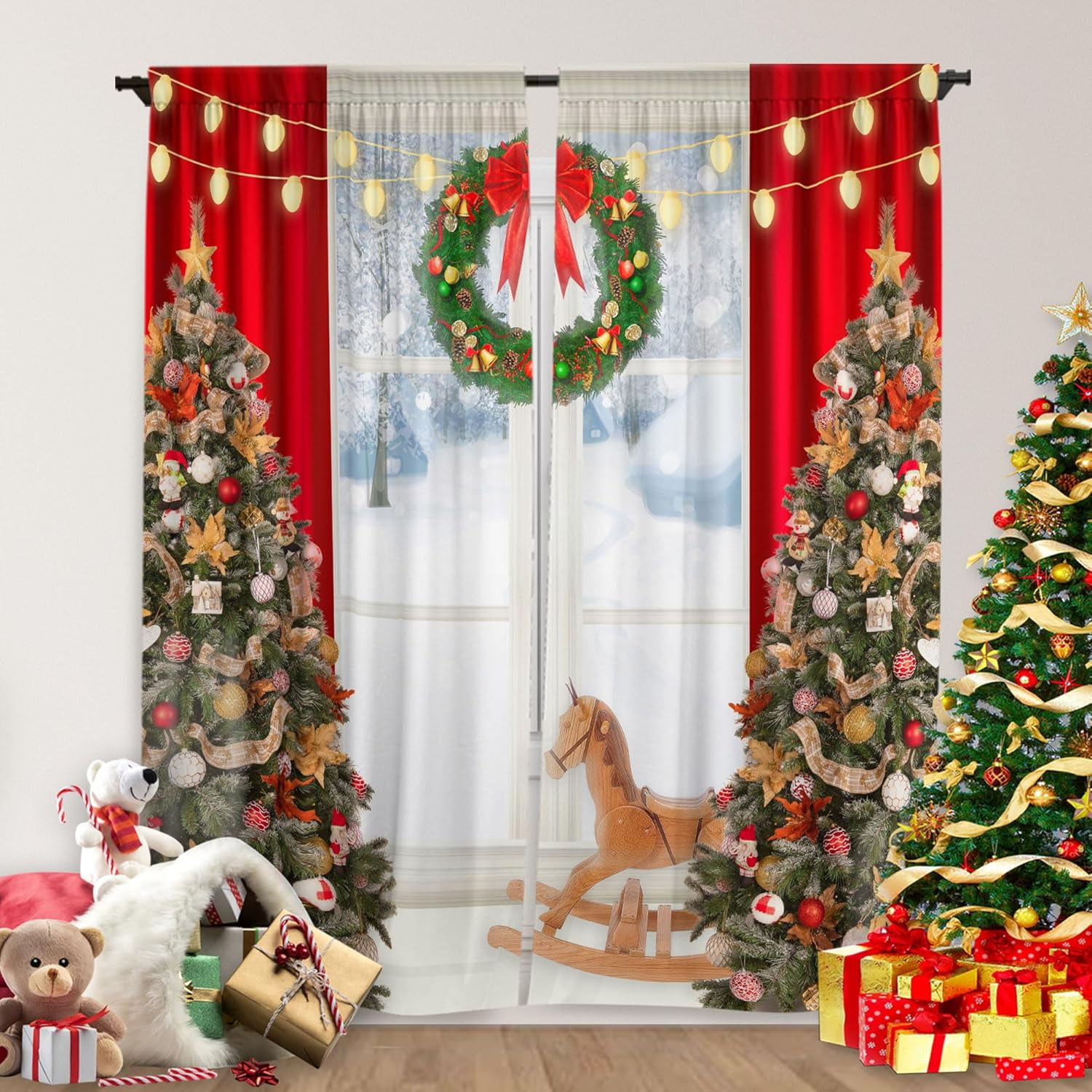 Christmas Window Curtain Winter Xmas Tree Print Curtains for Living ...