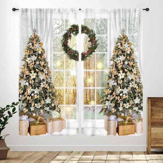 Christmas Window Curtain,Winter Xmas Treen Snow Forest Window Drapery ...